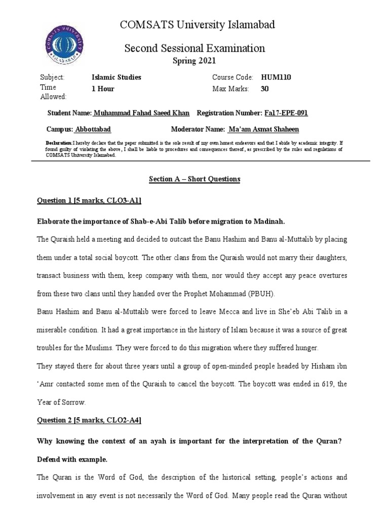 COMSATS University Islamabad Second Sessional Examination: Spring 2021 | PDF | Caliphate | Muhammad