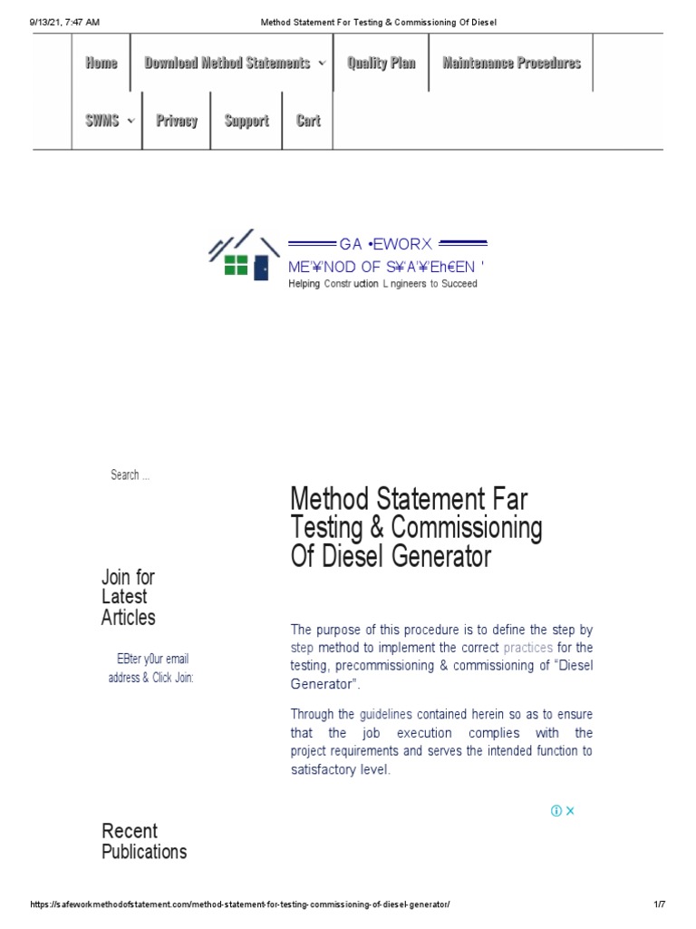 Method Statement For Testing & Commissioning of Diesel Generator | PDF ...