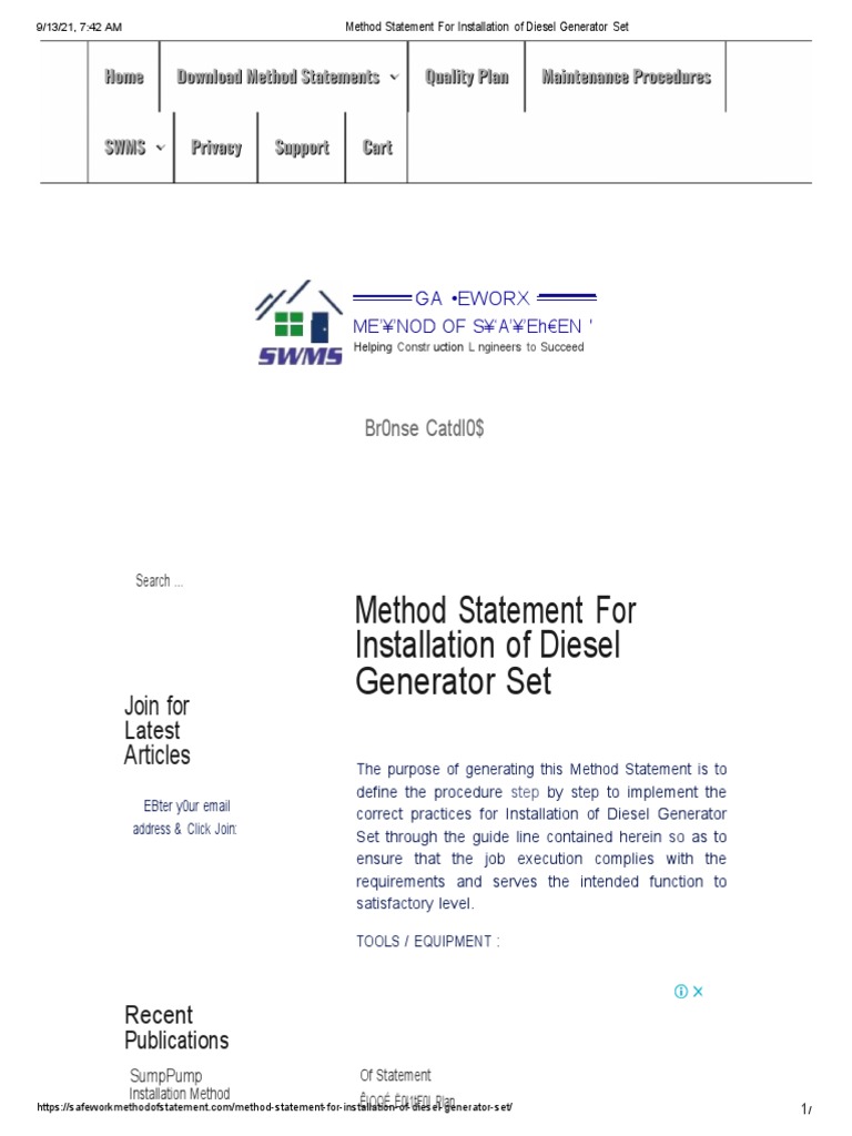 Method Statement For Installation of Diesel Generator Set | PDF ...