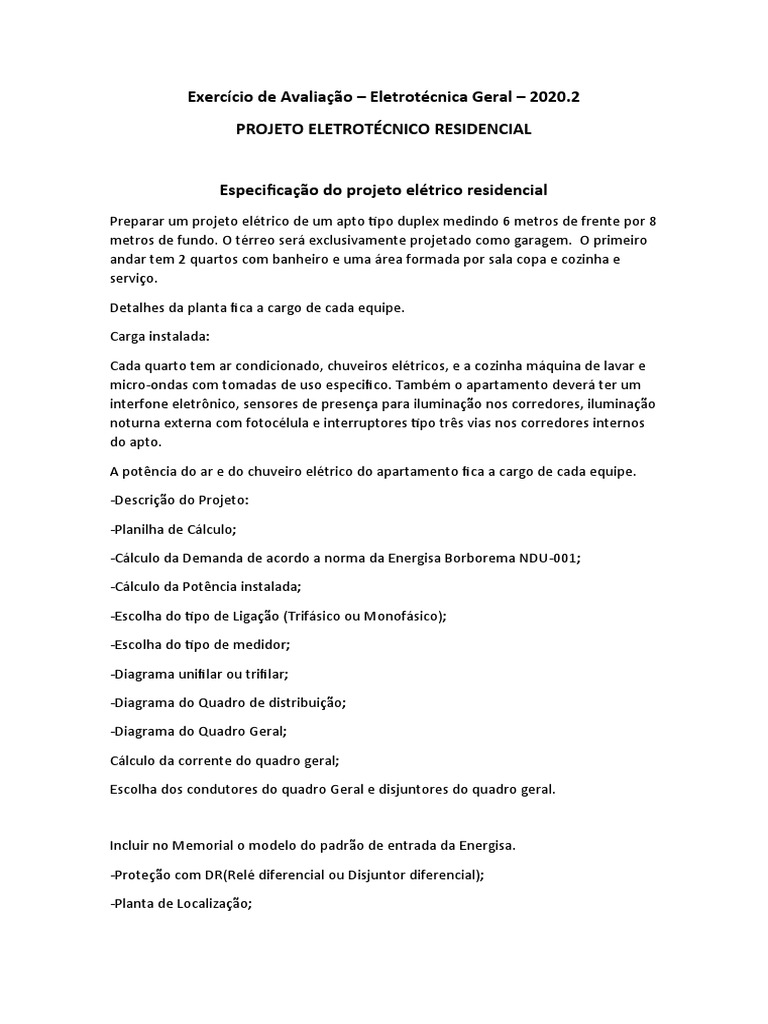 Proposta De Projeto Eletrotécnica Eletrotécnica Geral 2020 2 Pdf