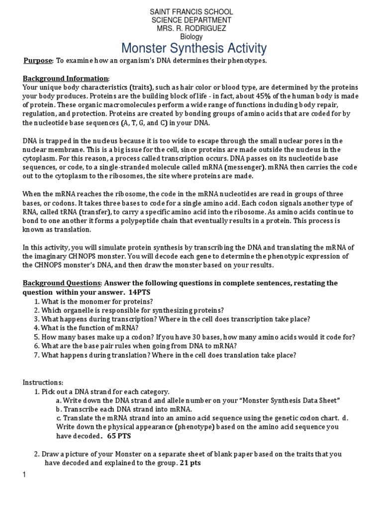 Monster Synthesis Activity - SFS | PDF | Translation (Biology) | Ribosome
