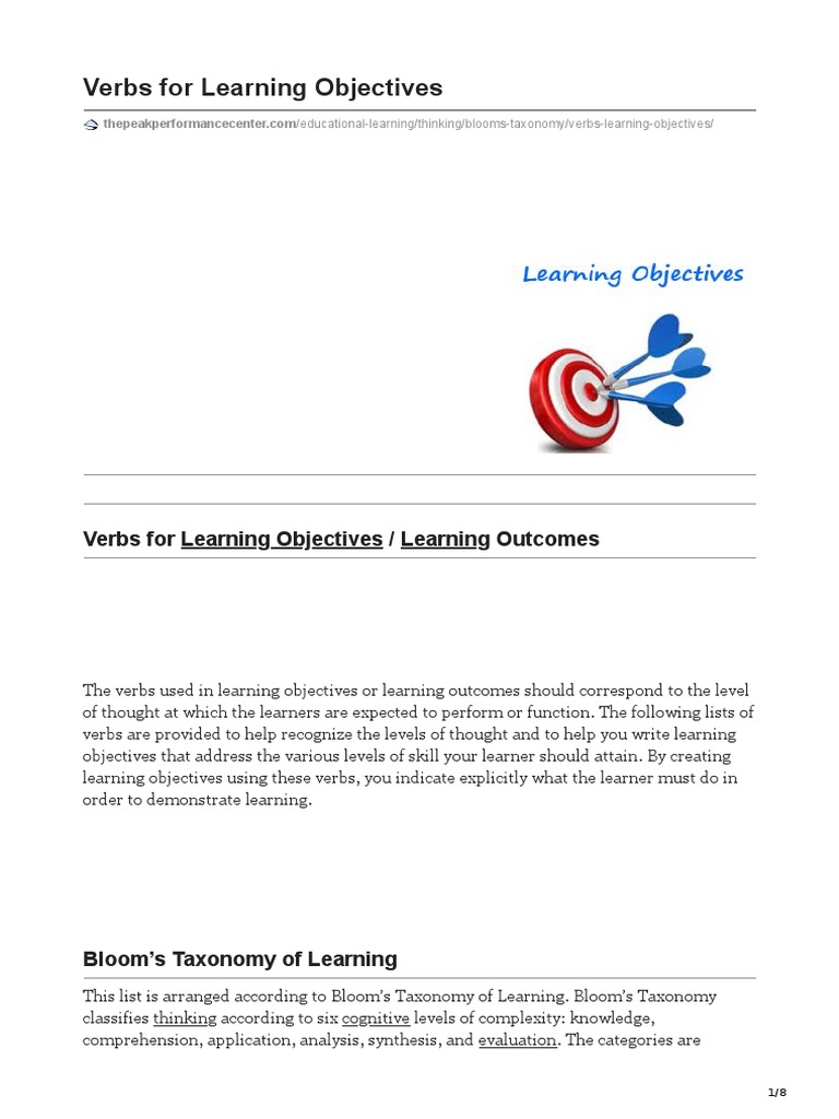 Verbs For Learning Objectives | PDF | Learning | Psychology