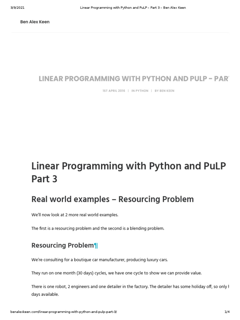 Linear Programming With Python and PuLP - Part 3 - Ben Alex Keen | PDF ...