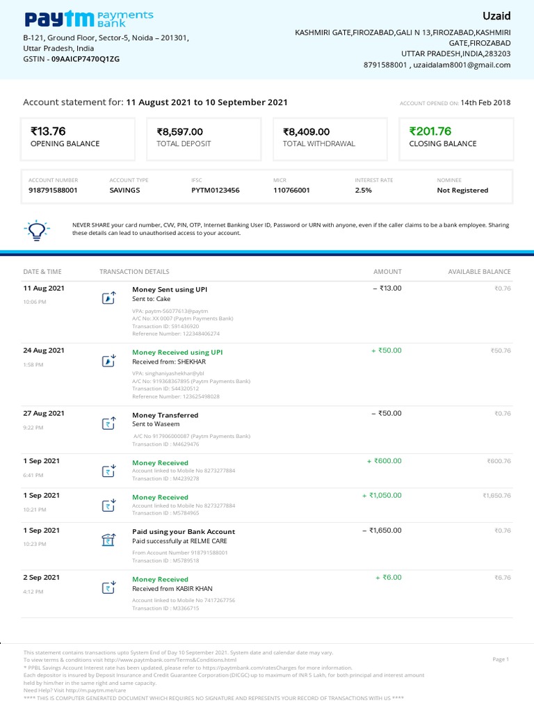 Paytm Bank Statement: Aug-Sep 2021 | PDF | Financial Transaction | Banks