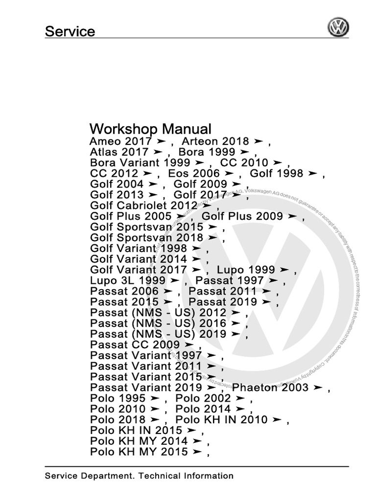 Volkswagen Workshop Manual | PDF | Automotive Industry | Vehicle Technology
