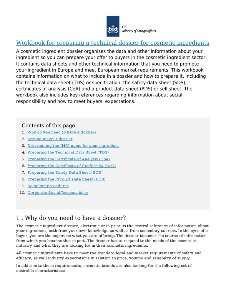 CBI - Workbook For Preparing A Technical Dossier For Cosmetic ...