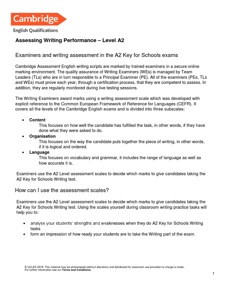 A2 Key For Schools Writing - Assessing Writing Performance | PDF ...