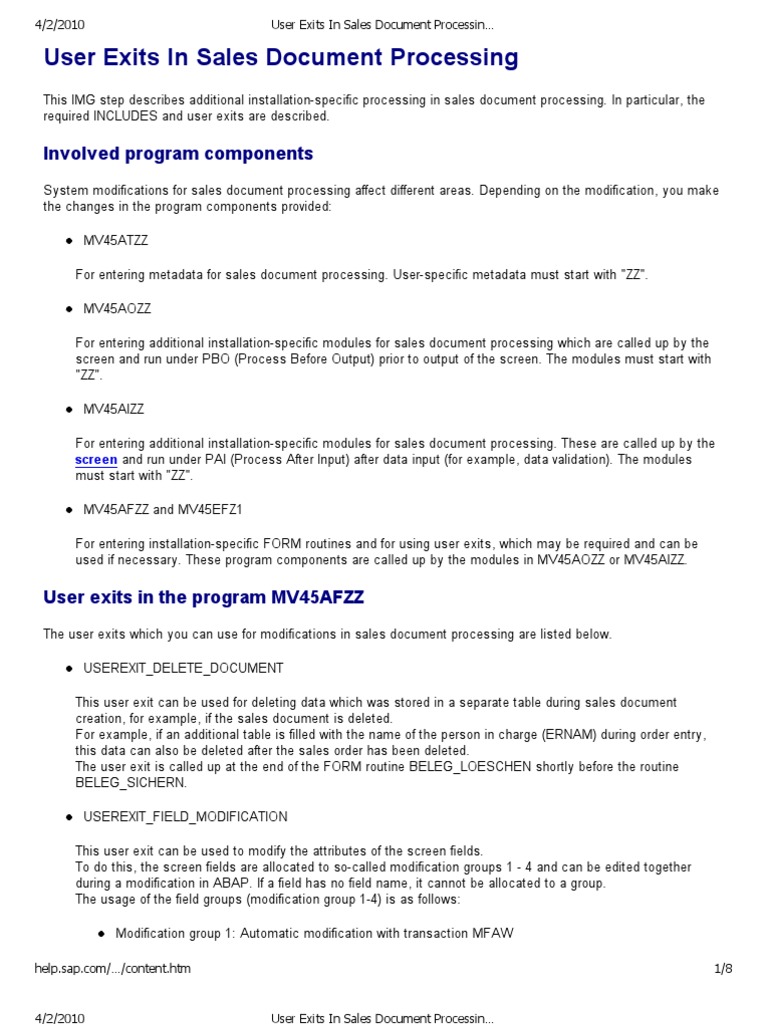 User Exits in Sales Document Processing Sap Library System Modifications | PDF | Pricing ...