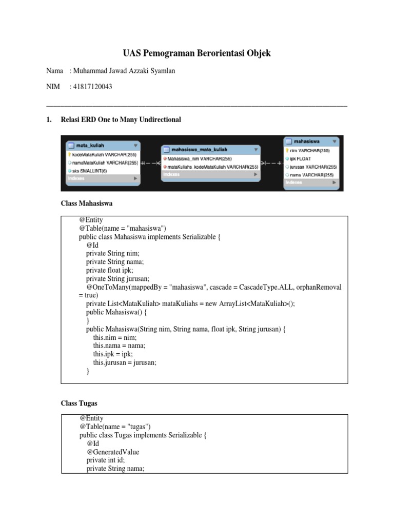 UAS Pemograman Berorientasi Objek: 1. Relasi ERD One To Many Undirectional | PDF | Object ...