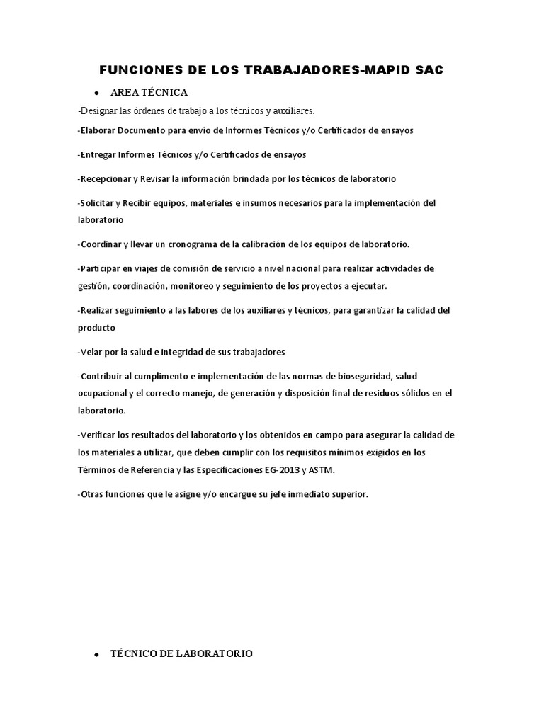 Funciones de Los Trabajadores | PDF | Calidad (comercial) | Laboratorios