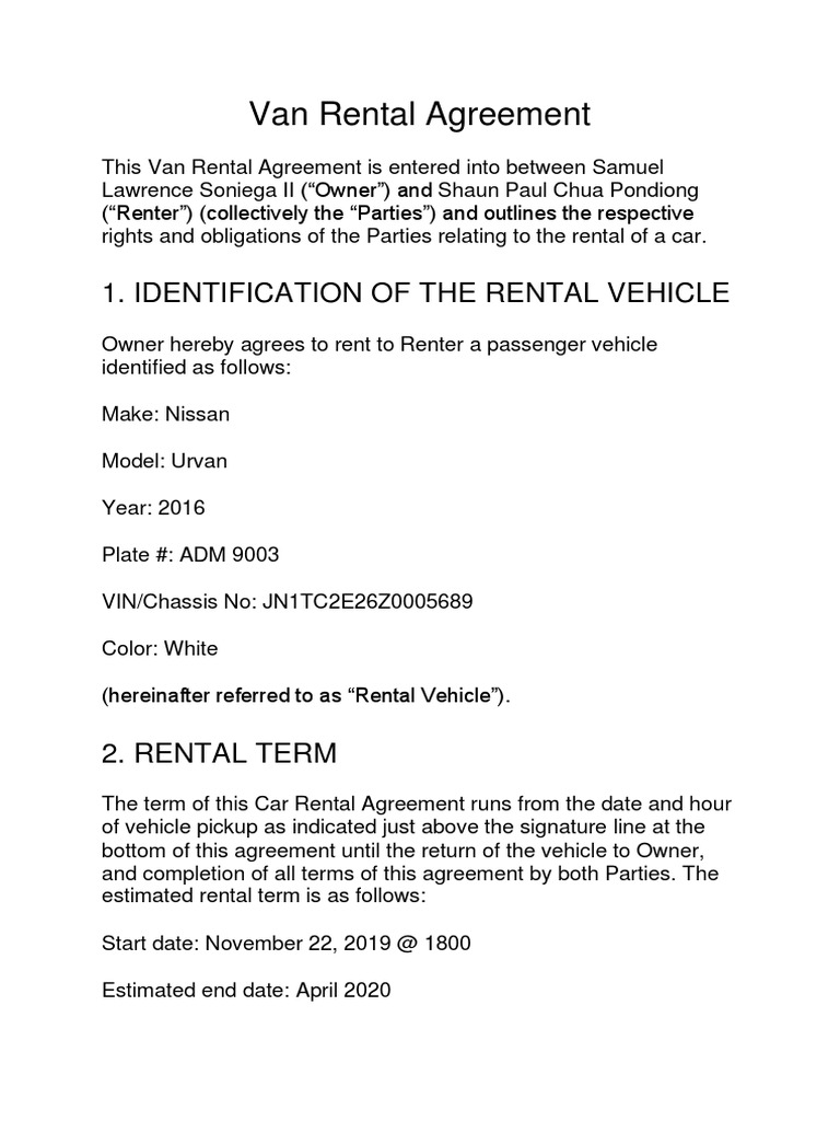 Van Rental Contract | PDF | Renting | Indemnity