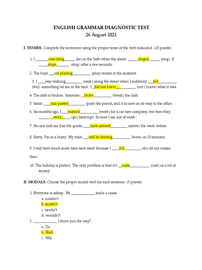 English Grammar Diagnostic Test | PDF | Linguistics | Syntax
