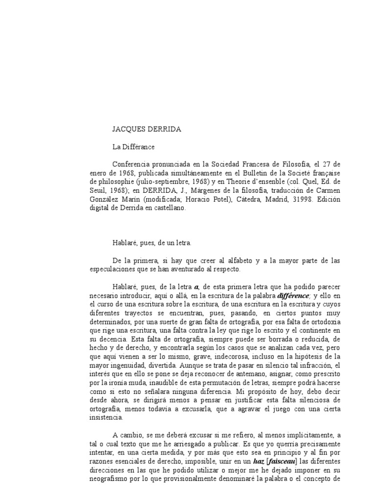 DERRIDA La Différance | PDF | Habla | Verdad