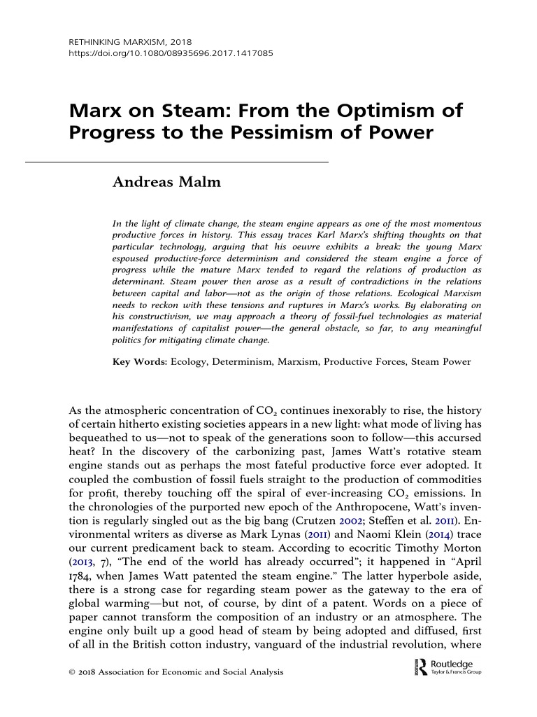 Marx On Steam: From The Optimism of Progress To The Pessimism of Power ...