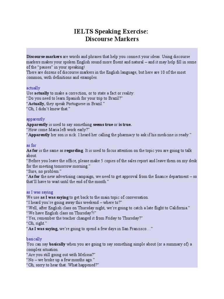 IELTS Speaking Exercise: Discourse Markers | PDF | English Language ...