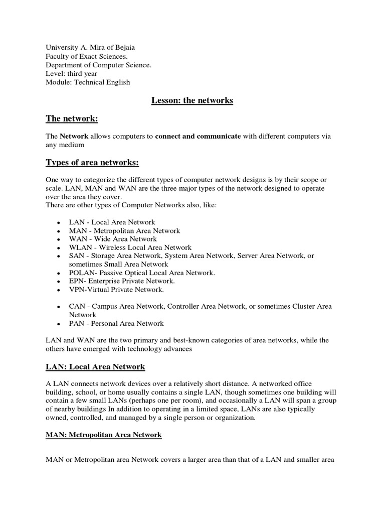 Lesson: The Networks The Network:: MAN: Metropolitan Area Network ...