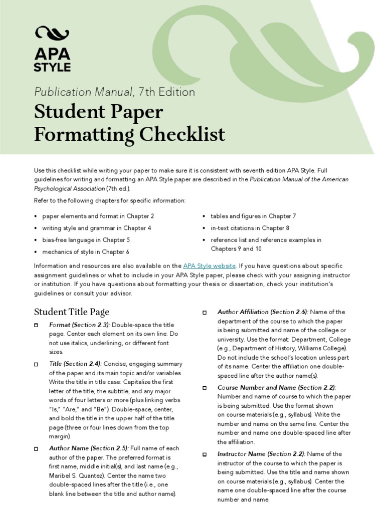 APA 7th Edition Student Paper Checklist | PDF | Apa Style | Citation