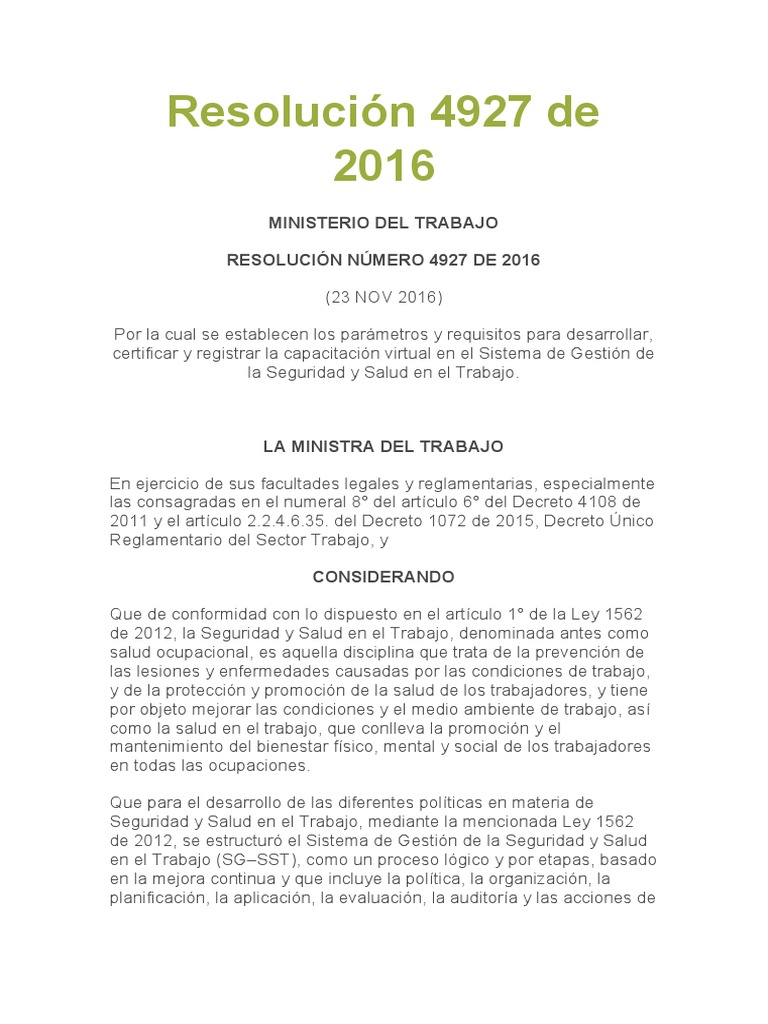 Resolución 4927 de 2016 Y CIRCULAR 063 | PDF | Derecho laboral | Seguridad y salud ocupacional