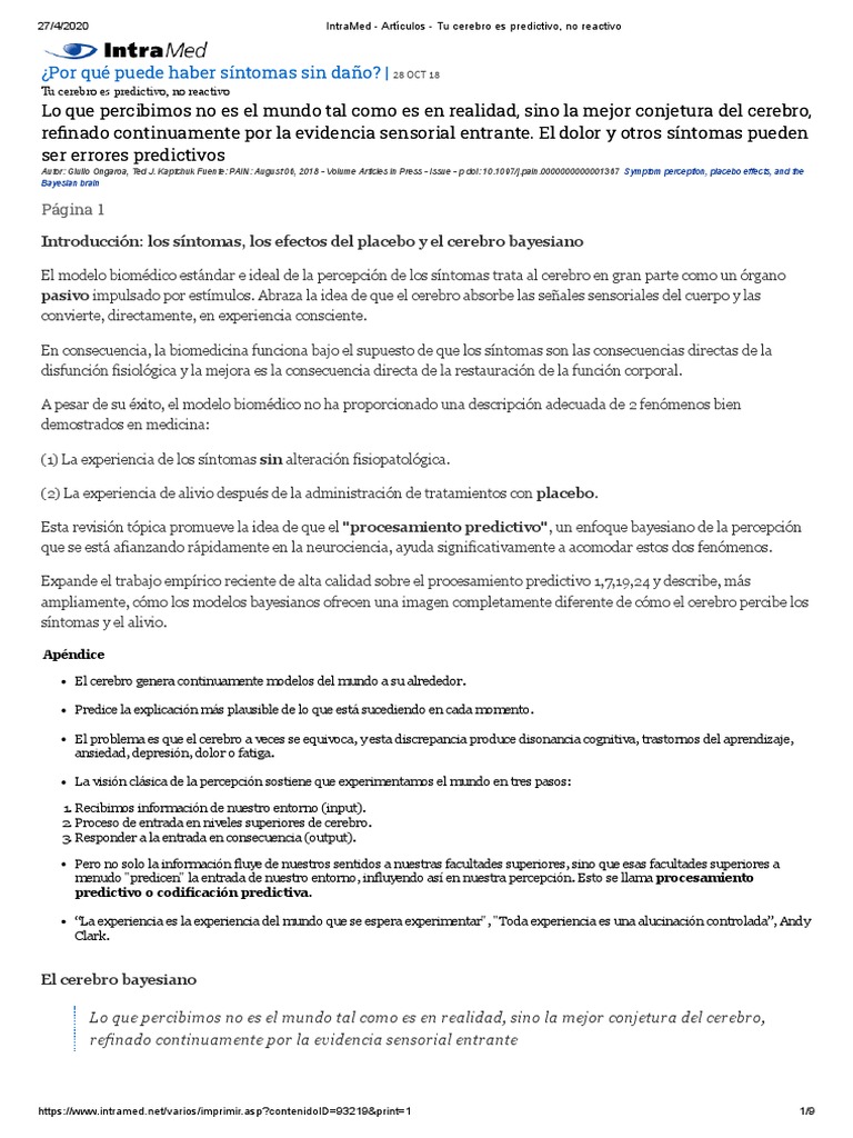 Tu Cerebro Es Predictivo, No Reactivo | PDF | Dolor | Percepción