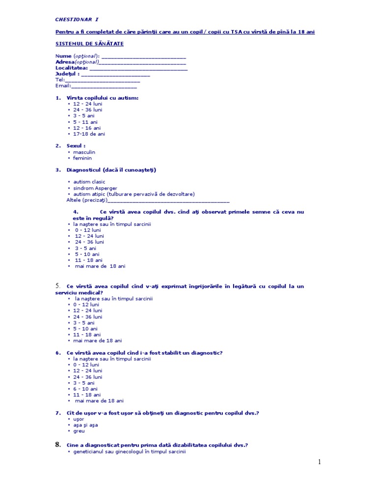 Chestionar Parinti Autism | PDF