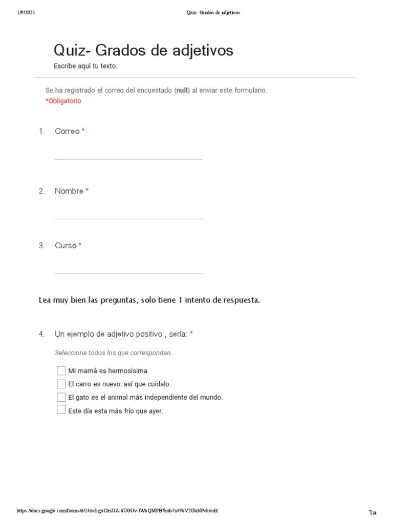 Examen - Grados de Adjetivos - Formularios de Google | PDF