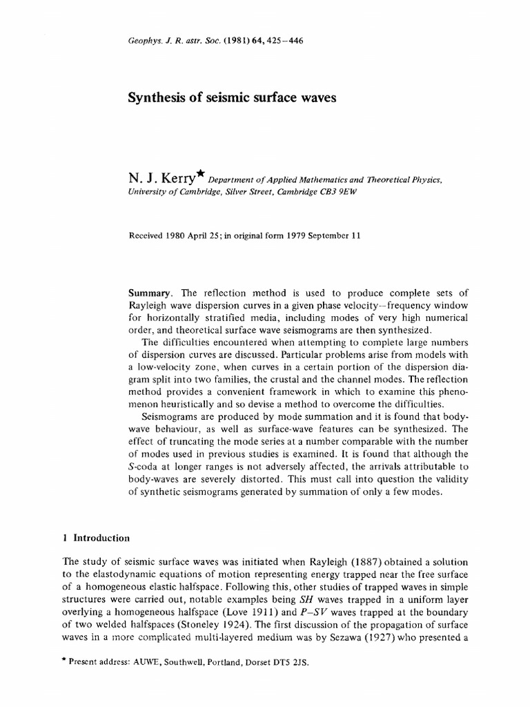 N. Kerv : Synthesis Seismic Surface Waves | PDF | Waves | Matrix (Mathematics)