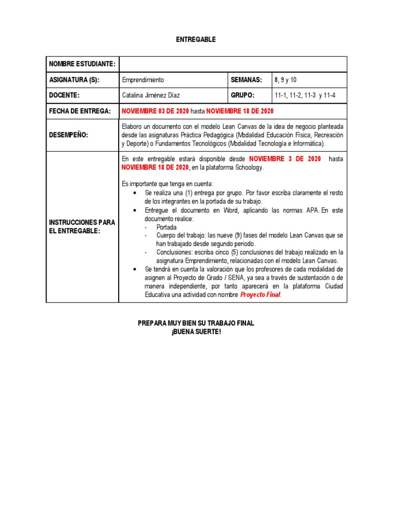 Guia para Realizar El ENTREGABLE Semanas 8 9 y 10 Emprendimiento - Onces | PDF | Arte