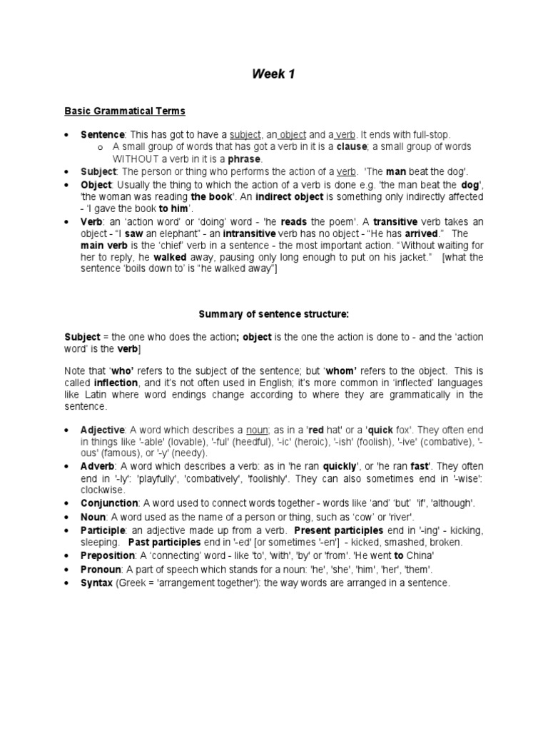 Week 1: Subject: The Person or Thing Who Performs The Action of A Verb ...