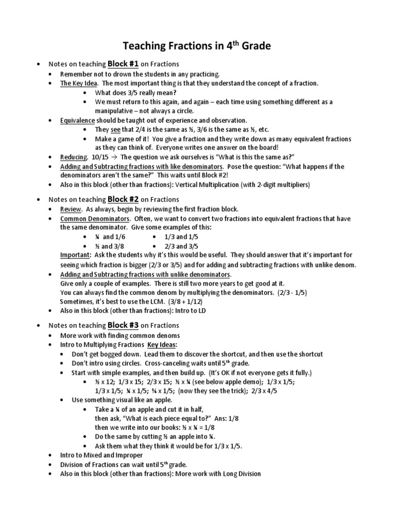 Teaching Fractions in 4 Grade: Block #1 | PDF | Division (Mathematics ...