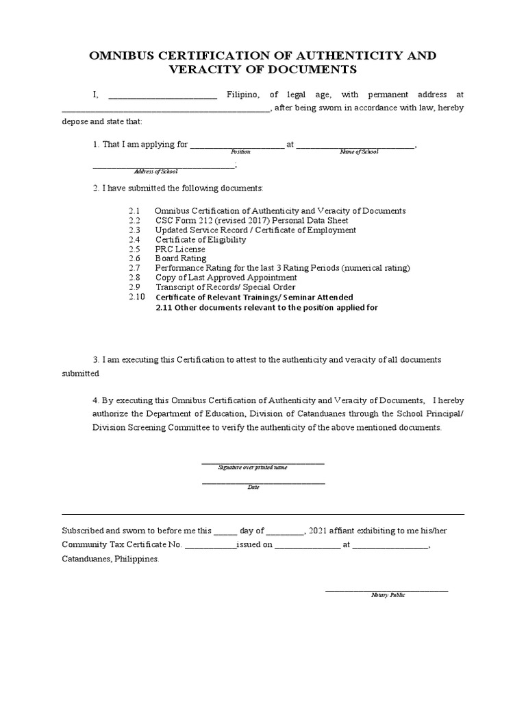 Omnibus Certification of Authenticity and Veracity of Documents | PDF ...