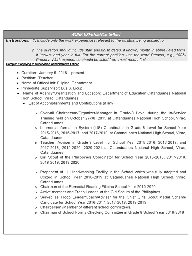 Work Experience Sheet: Instructions: 1. Include Only The Work ...