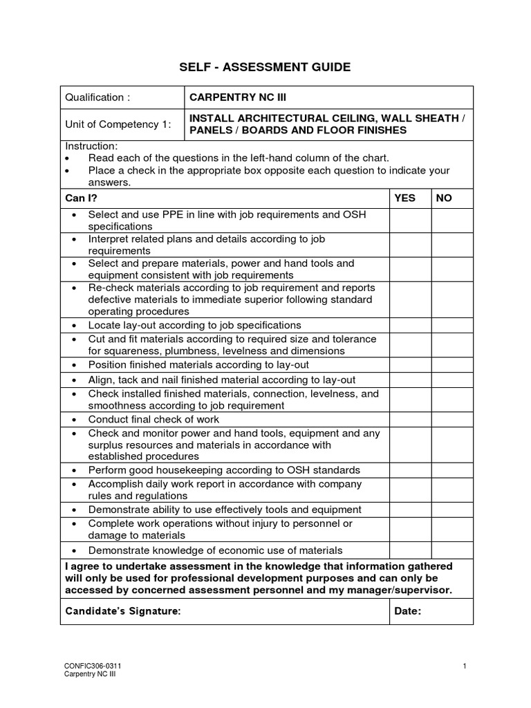 Self - Assessment Guide: CONFIC306-0311 Carpentry NC III 1 | PDF ...