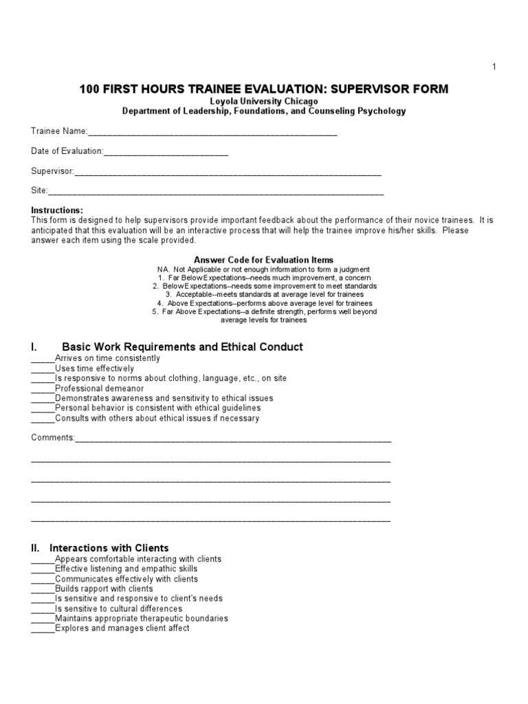 100 First Hours Trainee Evaluation: Supervisor Form | PDF | Counseling ...
