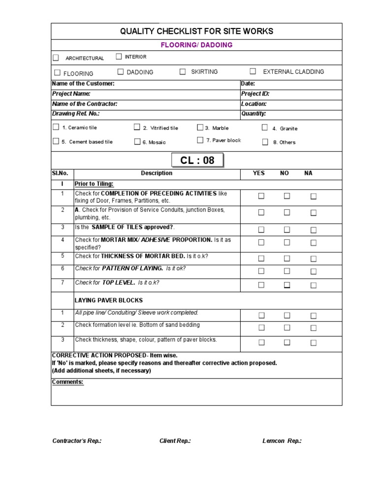 Quality Checklist For Site Works: Flooring/ Dadoing | PDF
