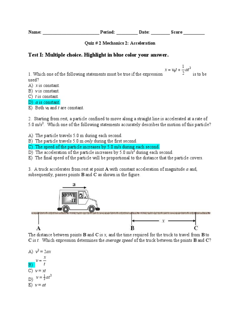Quiz 2 Mechanics 2 Acceleration | PDF | Acceleration | Velocity