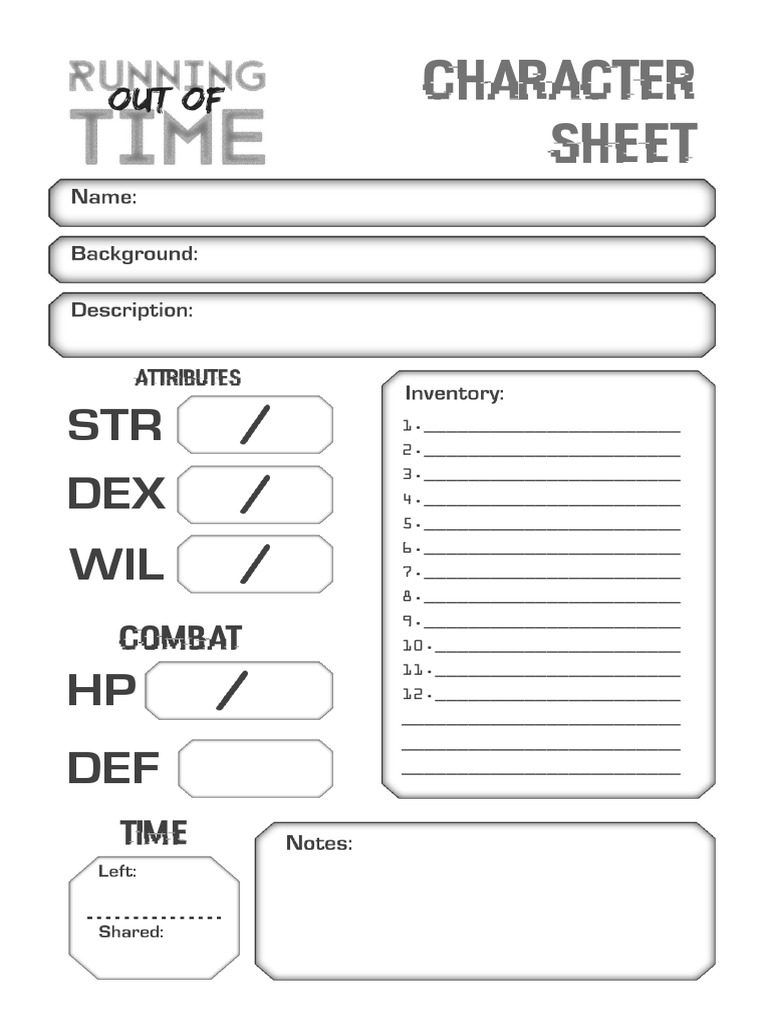 Running Out of Time - Character Sheet (Printer-Friendly) (2020) | PDF