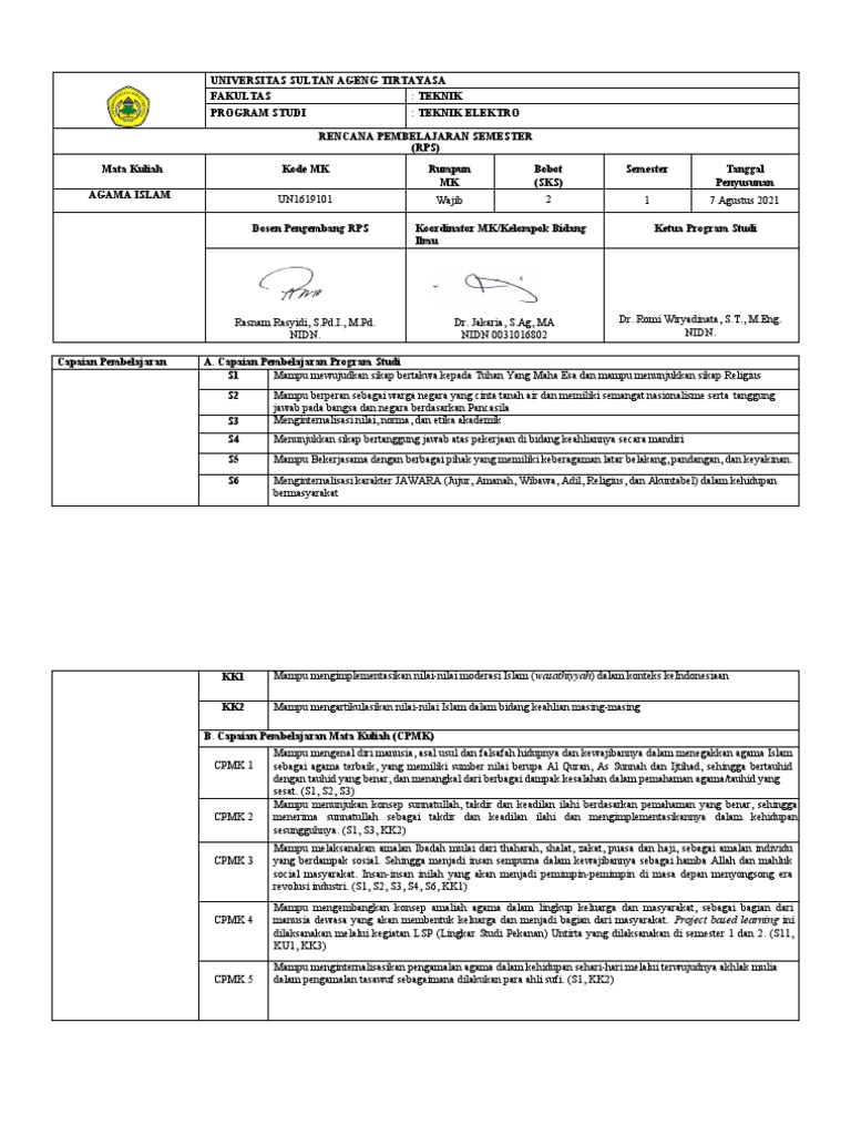 RPS Agama Teknik Elektro | PDF