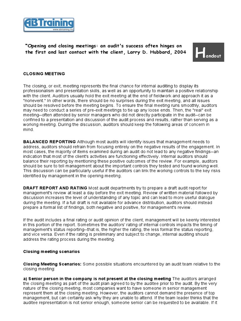 Ex 7 Handout Closing Meetings | PDF | Audit | Auditor's Report