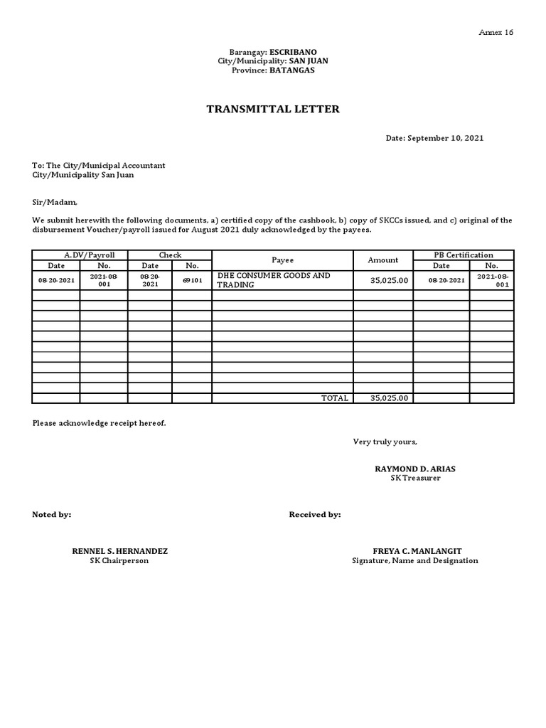 Transmittal Letter: Noted By: Received by | PDF