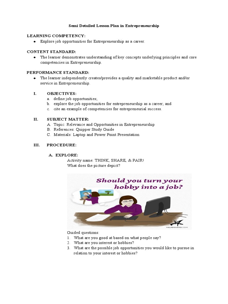 Semi Detailed Lesson Plan in Entrepreneurship Learning Competency | PDF ...