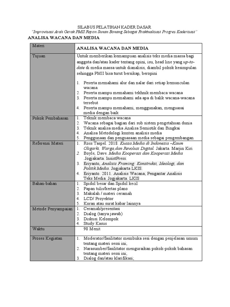 Silabus PKD PMII-ANALISIS WACANA DAN MEDIA | PDF