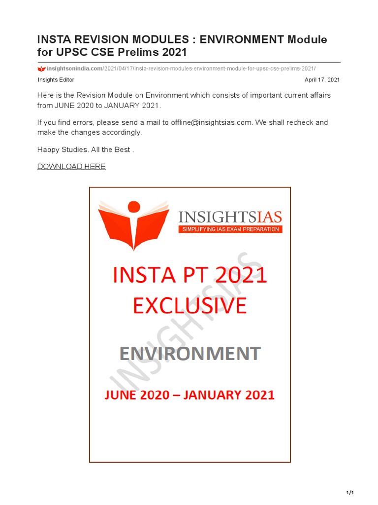 Insta Revision Modules Environment Module For Upsc Cse Prelims 2021 | PDF | Business ...