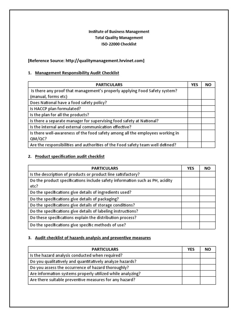 ISO 22000 Checklist Questionnaire for National