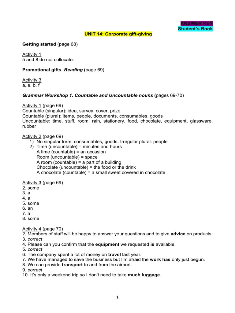 Unit 14 Answer Key: Corporate Gifts | PDF | Linguistic Typology | Syntax