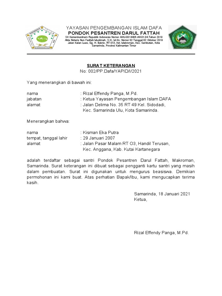 Surat Keterangan Santri Aktif | PDF