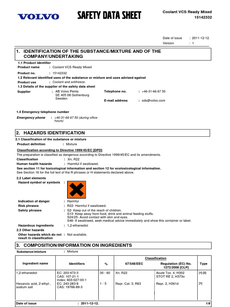 MSDS Coolant Ready Mix (15142332) | PDF | Dangerous Goods | Waste