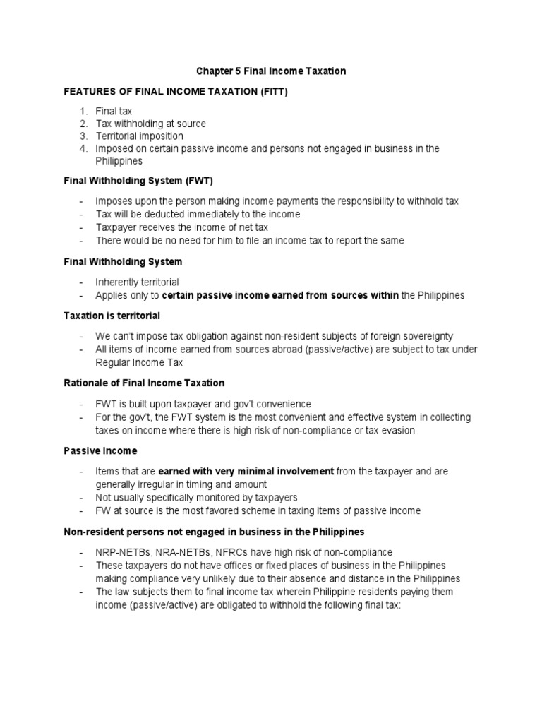 Chapter 5 Final Income Taxation Summary Banggawan | PDF | Dividend ...