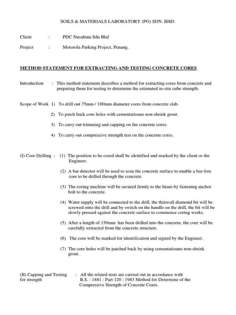 Method Statement Concrete Coring | PDF