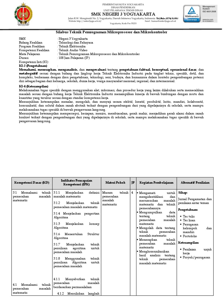SMK Negeri 3 Yogyakarta: Silabus Teknik Pemrograman Mikroprosesor Dan Mikrokontroler | PDF