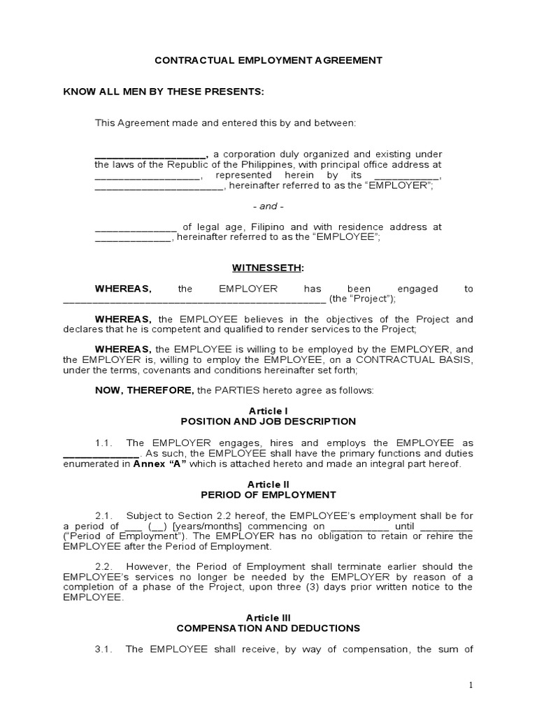 CONTRACTUAL EMPLOYMENT AGREEMENT - Template | PDF | Employment ...